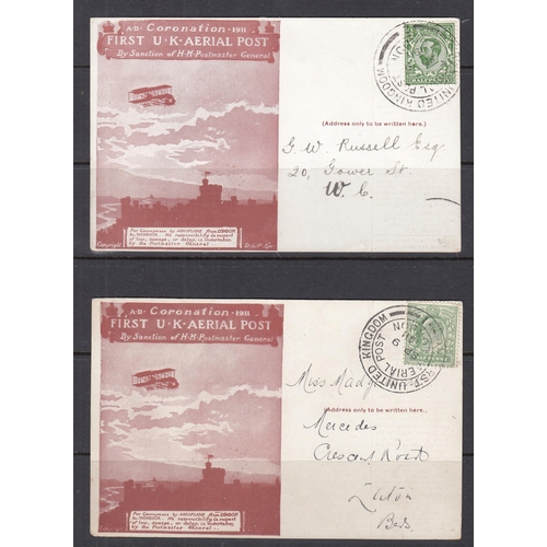 A pair of used 1911 First Aerial Post red-brown commemorative postcards ...