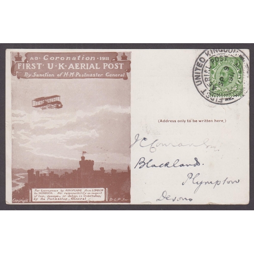 1911 illustrated First UK Aerial Post postcard sent to Devon, affixed ...