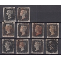 1840 1d black range of 10 examples on card, 8 have 4 margins (2 with 3 ...