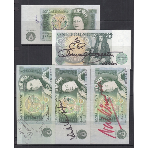 A group of x5 autographed £1 banknotes, includes autographs for ...
