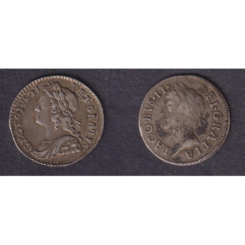 A pair of British silver Two Pence coins, includes 1686 & 1740, in good ...