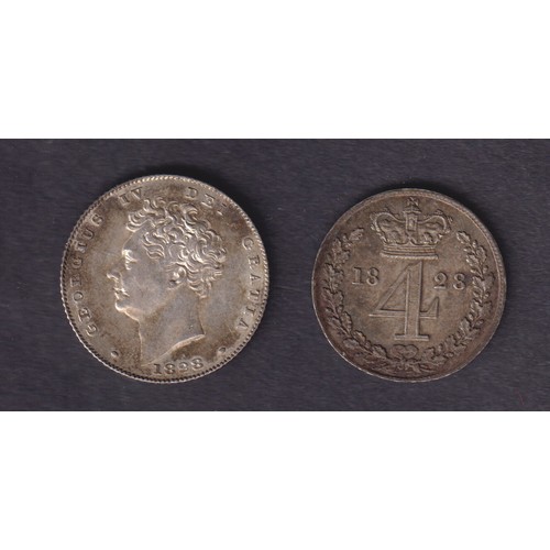 UK 1828 pair of coins, includes silver 6d coin and silver Maundy 4d ...
