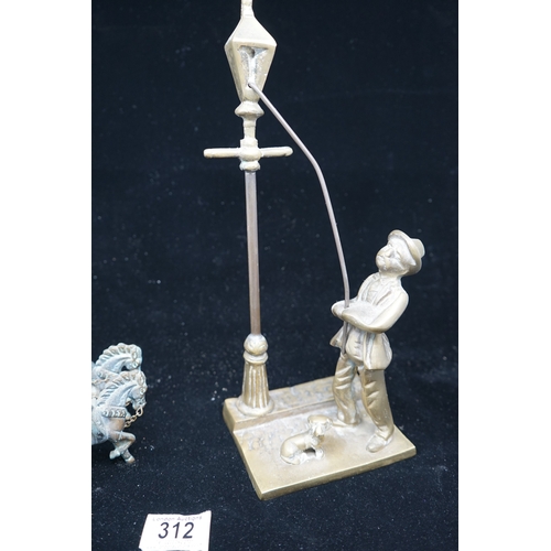 Heavy Brass Lamp Lighter Figure and a Bronze Chariot