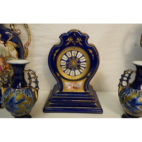 French Longwy Pottery Cobalt Blue Mantle Clock plus Various Similar ...