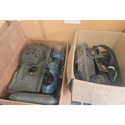 Boxes of vintage action man vehicles and accessories etc.