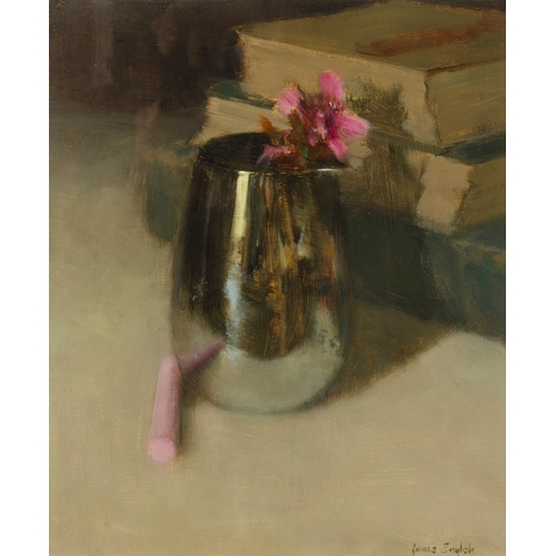 James English RHA (b.1946) Jug with Geranium and Chalk Oil on canvas ...
