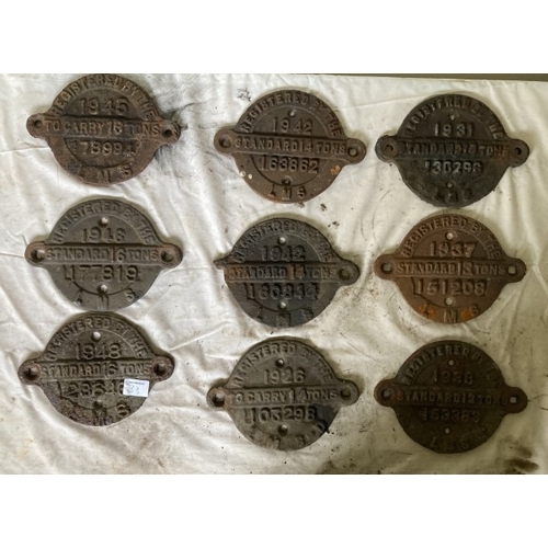 Nine unrestored early LMS railway wagon plates. One 12 ton dated 1938 ...