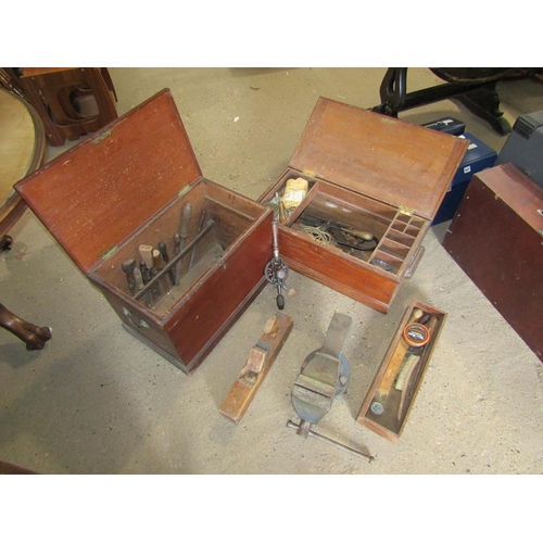 TWO VICTORIAN TOOL BOXES AND A VICE