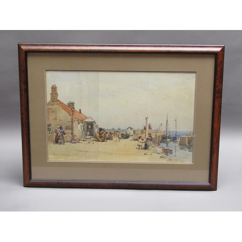 Robert W Allan - a fishing village quayside scene, signed watercolour ...