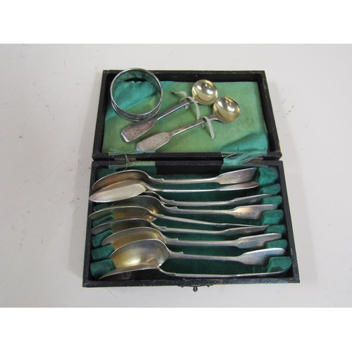 BOX SET OF NINE SILVER TEASPOONS AND TWO MUSTARD SPOONS PLUS NAPKIN ...