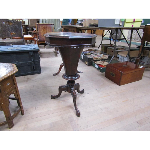 VICTORIAN FIGURED WALNUT NEEDLEWORK TABLE ON TRI BASE 45 x 72 cms