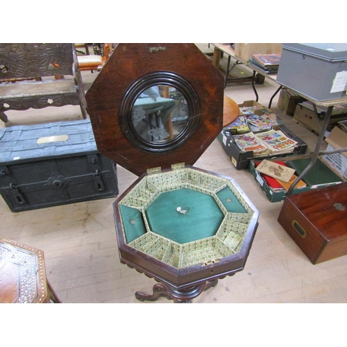 VICTORIAN FIGURED WALNUT NEEDLEWORK TABLE ON TRI BASE 45 x 72 cms