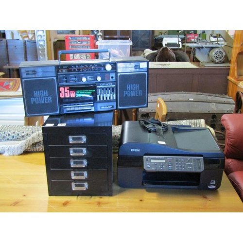 FILING CABINET, PRINTER, STEREO