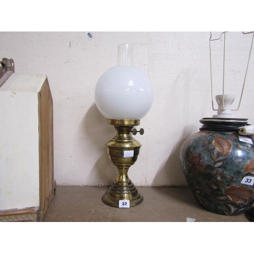 BRASS OIL LAMP, SHADE AND FUNNEL
