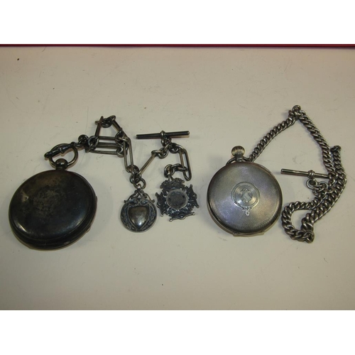 TWO SILVER POCKET WATCHES WITH SILVER ALBERT CHAINS AND MEDALS ...