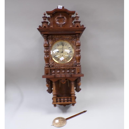 EARLY 20c CARVED OAK CASED PENDULUM WALL CLOCK , 75cms H