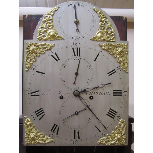 A late 18c eight day longcase clock, the 30cm arched brass silvered ...