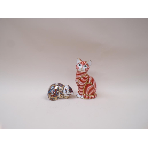 TWO CROWN DERBY CAT PAPERWEIGHTS 14cms LARGEST