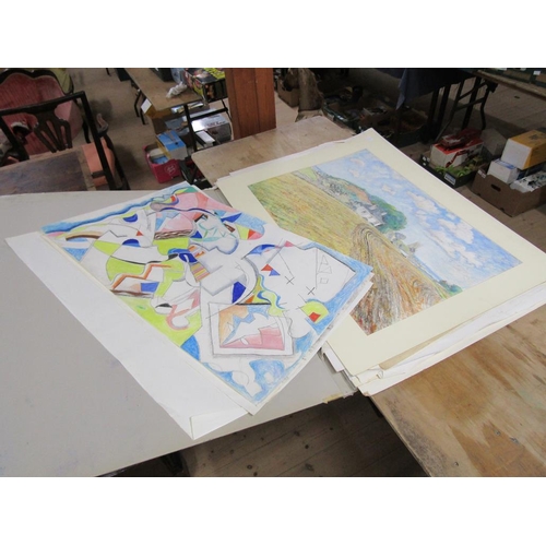 STUDENT OF ARTS FOLDER WITH COMPLETED AND PART COMPLETED ARTWORK PANELS