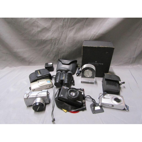 BOX ; CAMERAS AND EQUIPMENTS AND A DARTINGTON CRYSTAL CLOCK
