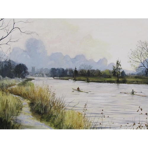 Jeremy King - Single sculls, late evening Henley Reach, signed oil on ...