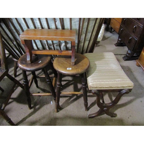 TWO VICTORIAN STOOLS, SMALL STOOL AND AN X FRAME STOOL