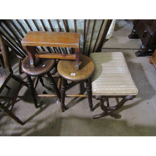 TWO VICTORIAN STOOLS, SMALL STOOL AND AN X FRAME STOOL