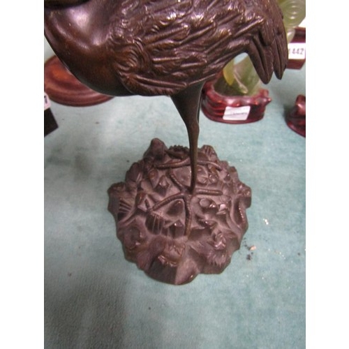 ORIENTAL PATINATED BRONZE FIGURE OF A STORK CANDLESTICK, 39CM H OVERALL