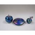 THREE IRIDESCENT ART GLASS PAPERWEIGHTS - LILYPAD 12CM DIAM