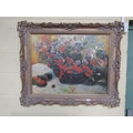 IN THE MANNER OF GAUGUIN , A BOWL OF FLOWERS OLEOGRAPH FRAMED 56 x 73 cms