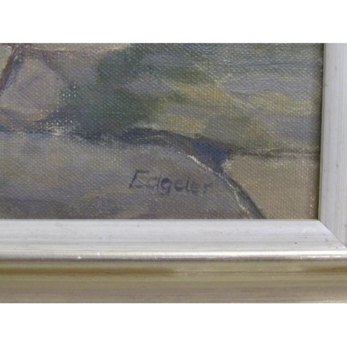 EDGELER - BLUE FLOWERS ON ROCKY WALL, SIGNED OIL ON CANVAS, FRAMED