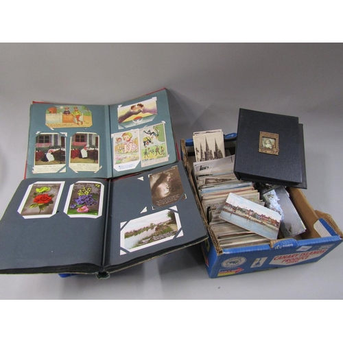 TWO BOXES OF MIXED POSTCARDS, ALBUMS ETC