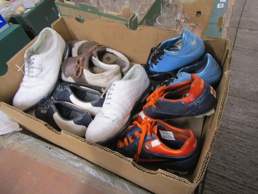 BOX OF FOOTBALL BOOTS, GOLFING SHOES ETC