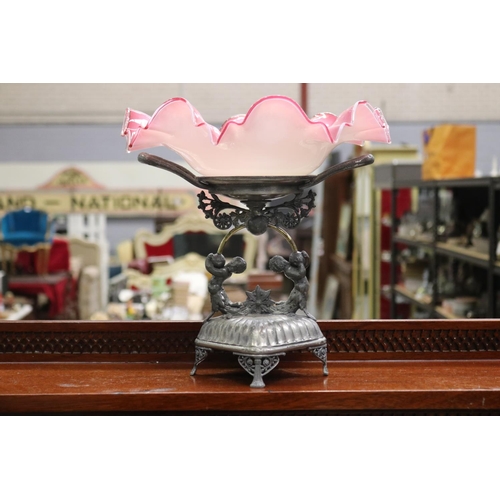 Antique silver plate base with crimped edge milk glass bowl, approx ...