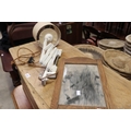 Concertina wooden lamp, small oak framed beveled glass mirror, approx ...