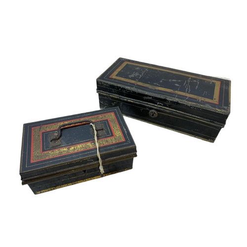 Vintage cash boxes and a shoe shine kit. Largest box 35cm
