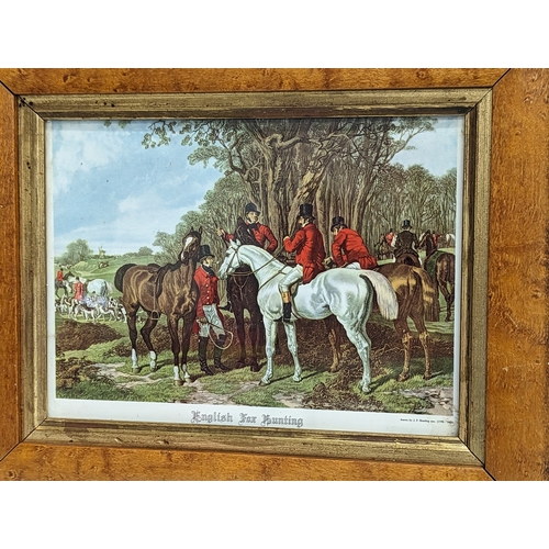 A set of 4 vintage hunting prints in Birdseye Maple frames. 30.5x25.5cm
