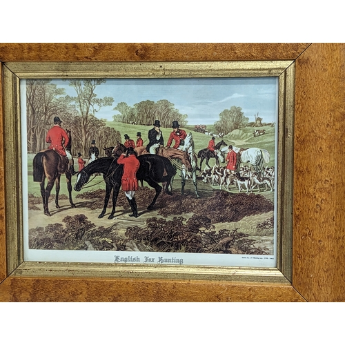 A set of 4 vintage hunting prints in Birdseye Maple frames. 30.5x25.5cm