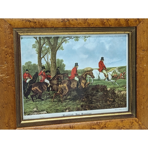A set of 4 vintage hunting prints in Birdseye Maple frames. 30.5x25.5cm