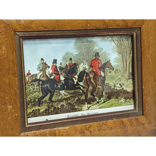 A set of 4 vintage hunting prints in Birdseye Maple frames. 30.5x25.5cm