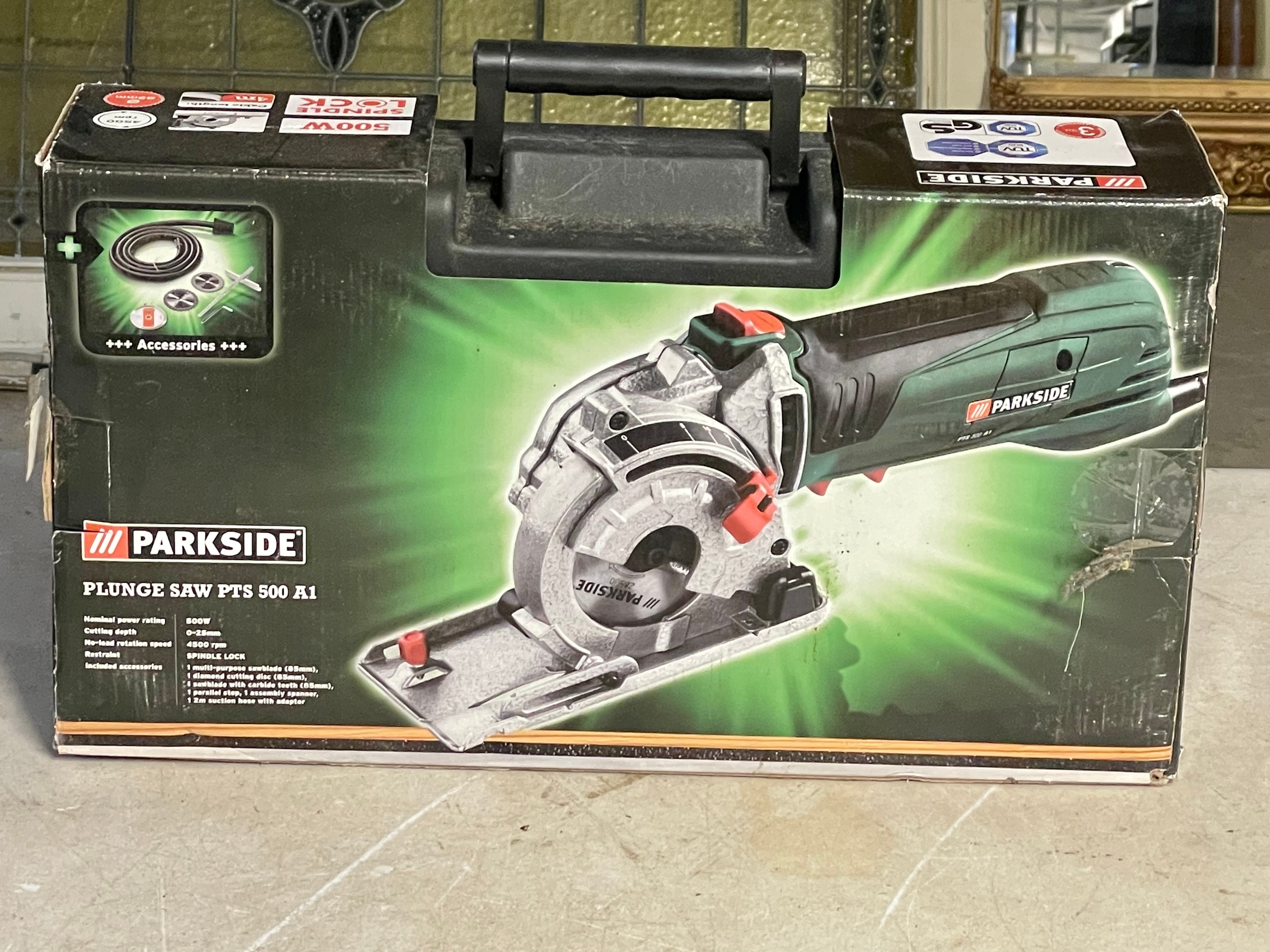 A Parkside plunge saw PTS 500 A1 in case. 47cm