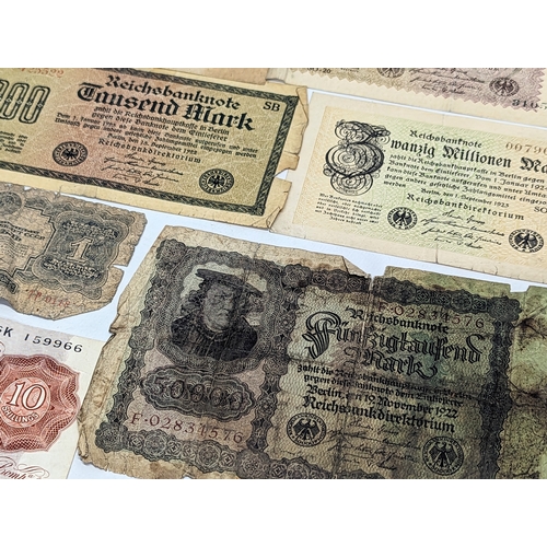 A collection of vintage foreign bank notes.