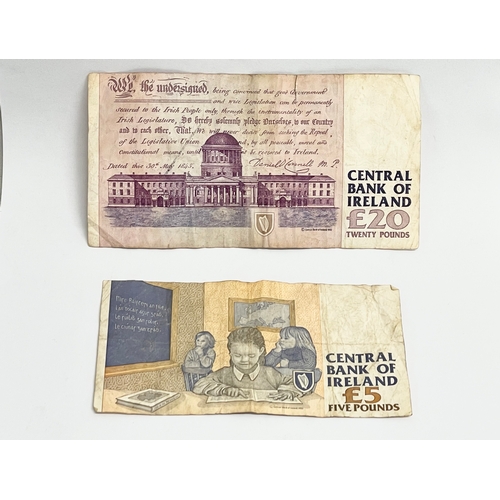2 Irish bank notes. A £20 Central Bank of Ireland. £5 Central bank of ...