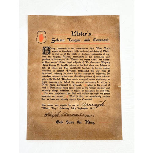A signed Ulster’s Solemn League and Covenant certificate. Signed in ...