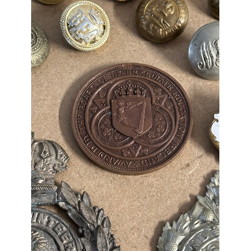 A collection of military badges, buttons and medallions. Including ...