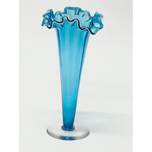19th Century Victorian turquoise glass trumpet vases. With ruffled rims ...