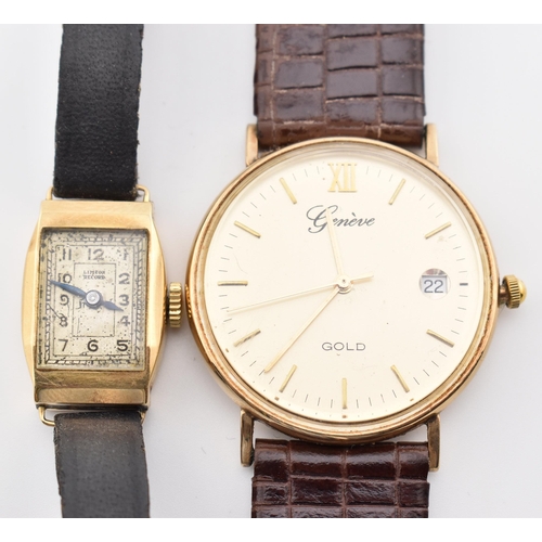Two yellow gold wrist watches with leatherette straps. The first a ...