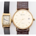 Two yellow gold wrist watches with leatherette straps. The first a ...