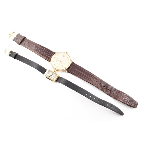Two yellow gold wrist watches with leatherette straps. The first a ...