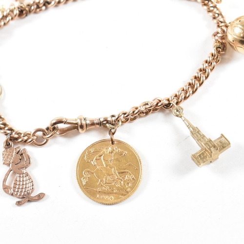 A 9ct gold charm bracelet. The bracelet strung with multiple charms ...
